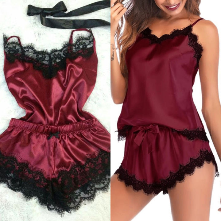 ?ชุดนอนผ้าซาติน? ชุดชั้นในผ้าซาติน ชุดนอนสายเอี๊ยม เซ็ตสองชิ้นลูกไม้เซ็กซี่ ผ้านุ่ม ระบายอากาศ ...