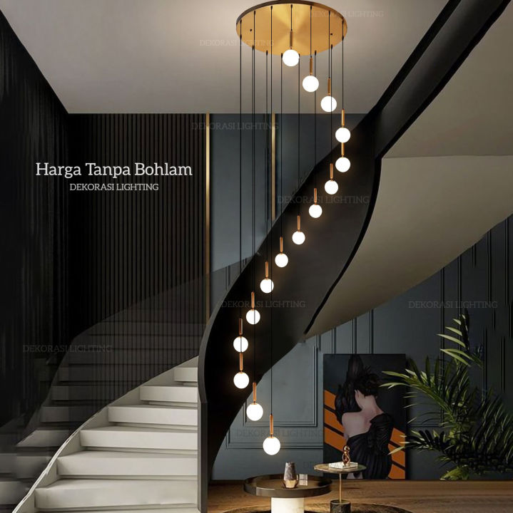 Lampu gantung void tangga 15in1 body gold modern minimalis ruang tamu ...