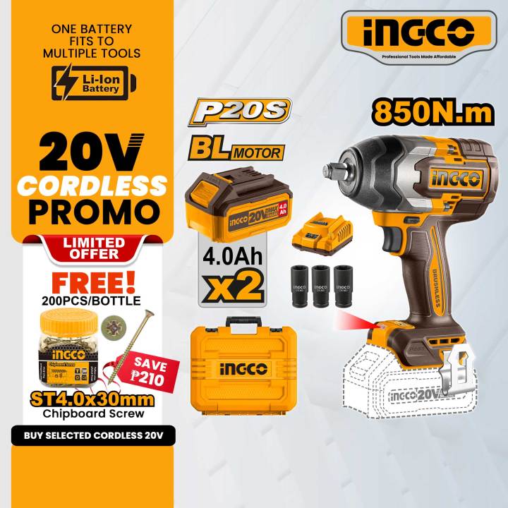 INGCO 20V Lithium-Ion Cordless Impact Wrench Brushless Motor CIWLI2038 ...