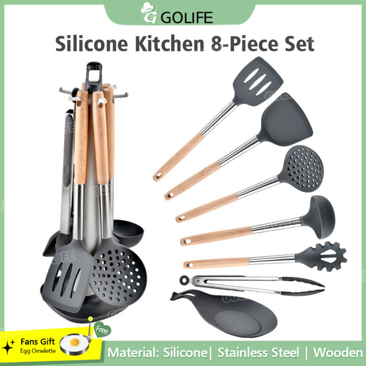 GOLIFE 8PCS Silicone Kitchen Utensils Set Stainless Steel Sicilone ...