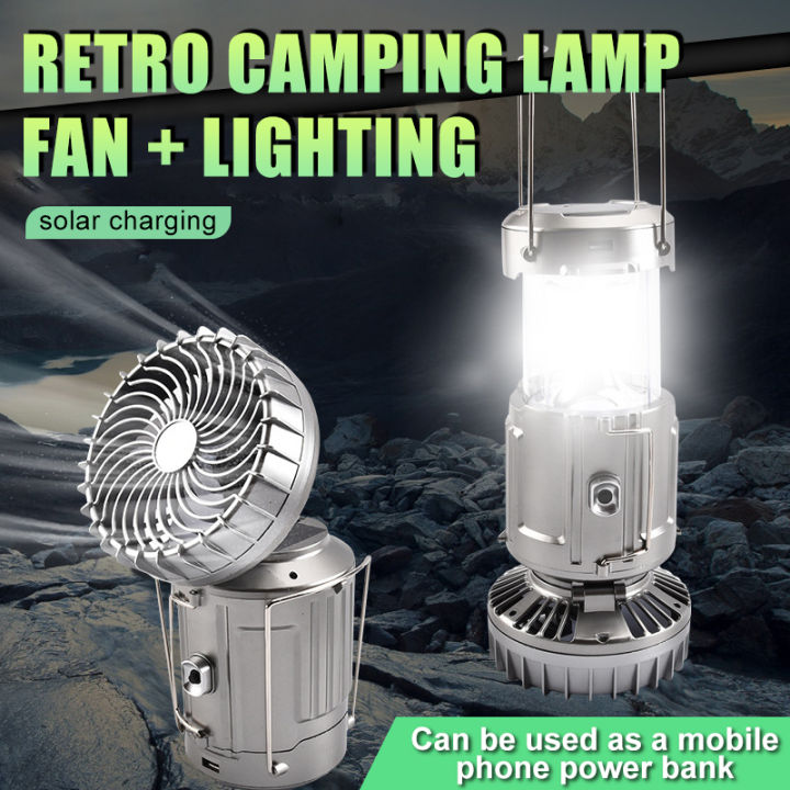 Camping Solar Lantern Fan Outdoor Rechargeable Tent Lamp Light Hiking ...