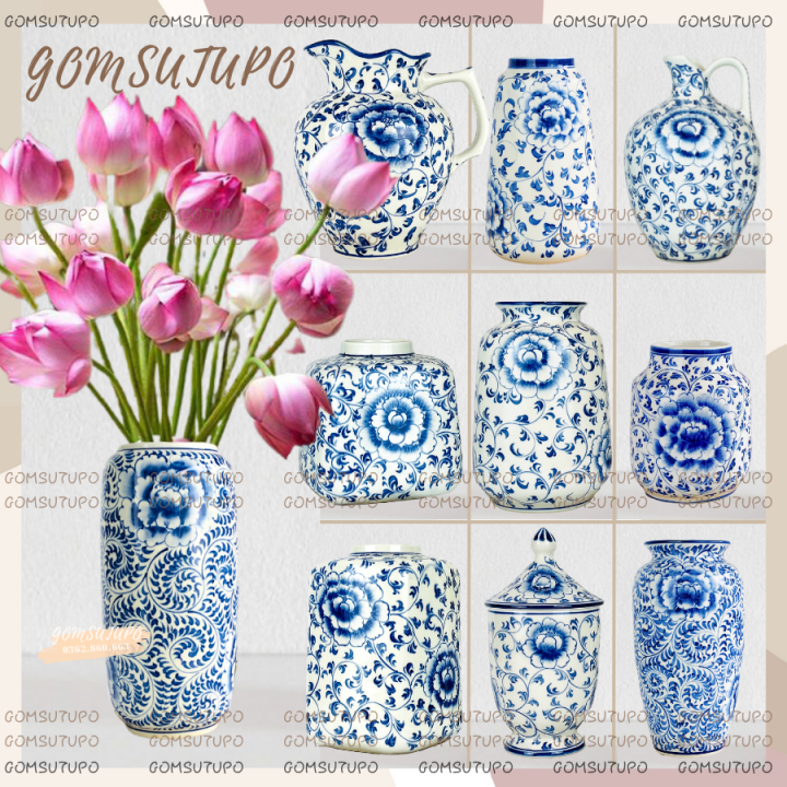 Bình hoa gốm men Lam vẽ Hoa Dây 10 hoạ tiết , Gốm Sứ Bát Tràng ...