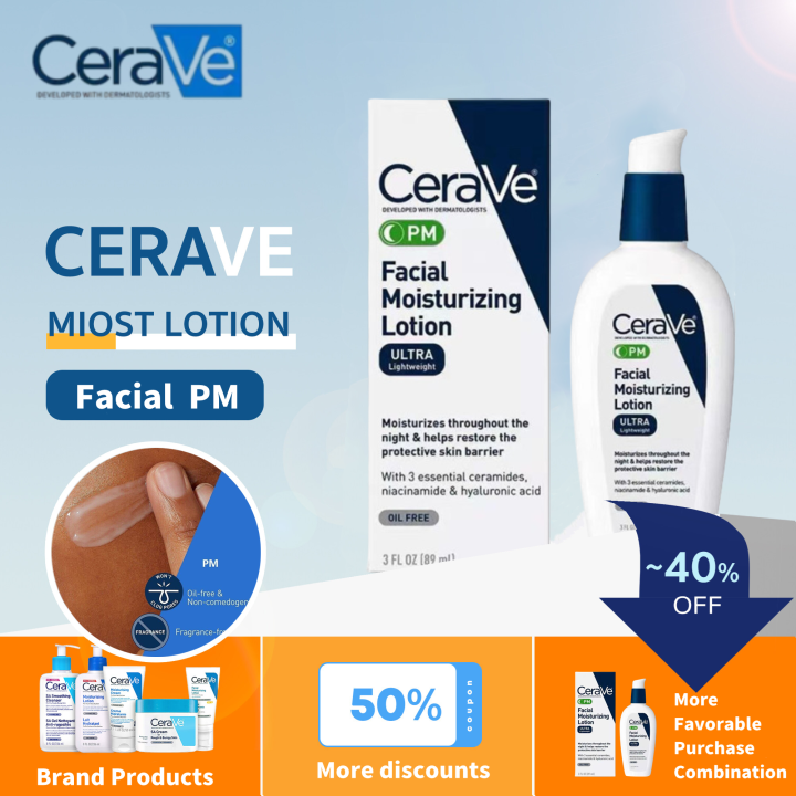 CeraVe PM Facial Moisturizing Lotion with Hyaluronic Acid and Niacinamide for Normal To ...