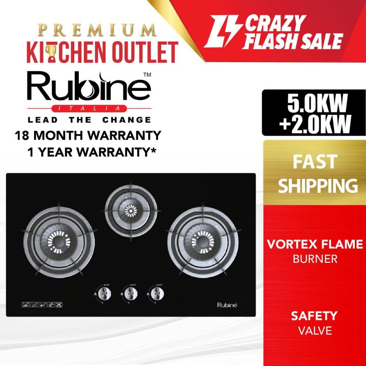 RUBINE 3 Burners Built-In Tempered Glass (5.0kW) RGH-VISTA3B-BL Gas ...