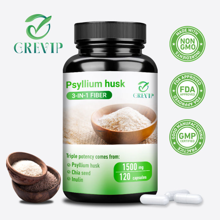 Grevip Psyllium Husk Capsules Organic Fiber Supplement – 120 Capsules ...