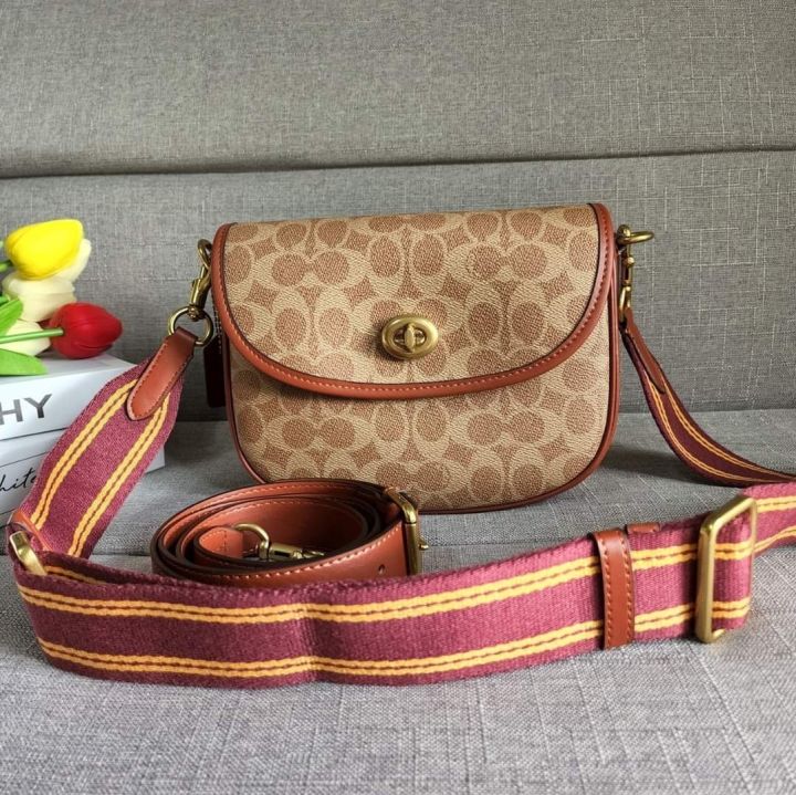 Coach CA093 Willow Saddle Bag in Tan Signature Coated Canvas and Rust Refined Calf Leather wtih ...