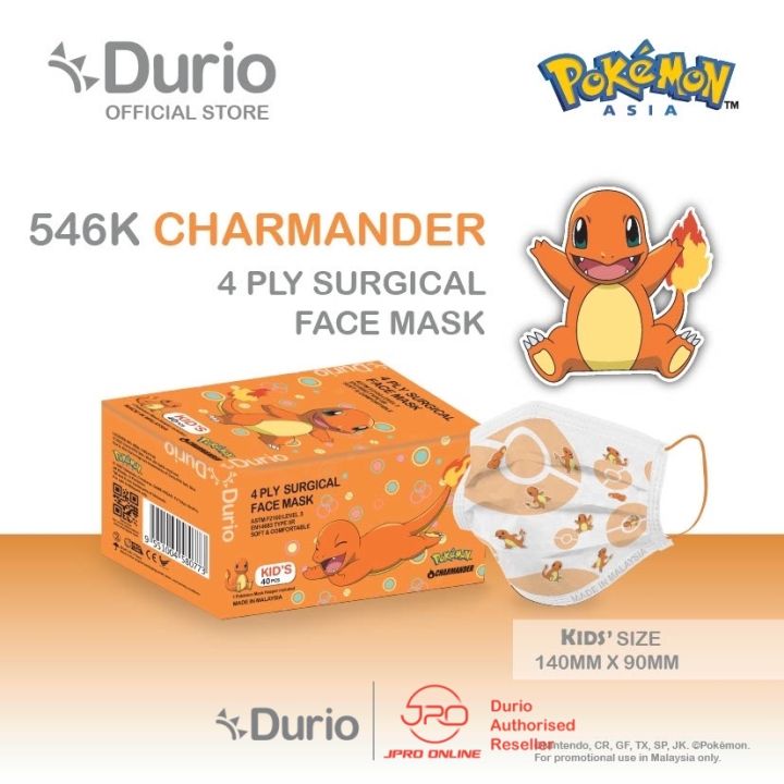 Durio 546K Pokémon Kid's 4 Ply Surgical Face Mask - Charmander - 40pcs ...
