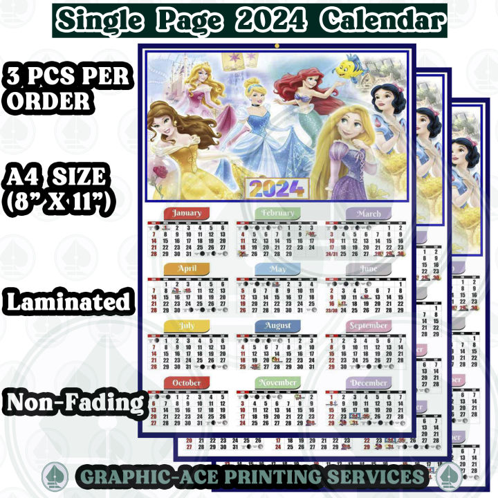 3 For 100 Deal - A4 Size 2024 PRINCESS One Page Calendar Laminated 2024 ...
