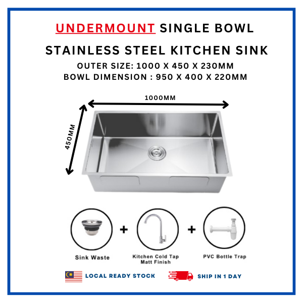 Full Set 1000mm Stainless Steel 1.2mm Thick Undermount Kitchen Sink ...