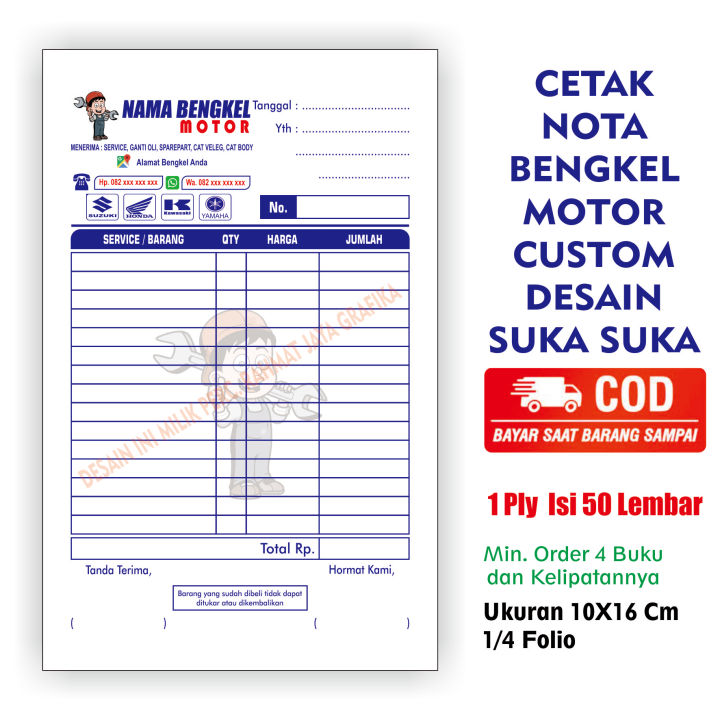 Cetak Nota Bengkel Motor Custom 1 ply Nama Sendiri Desain Suka Suka ...