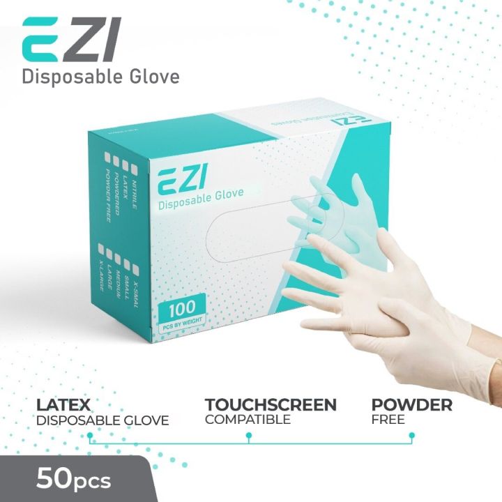 EZI Latex Disposable Powder Free Gloves White 50pcs per box (READY ...