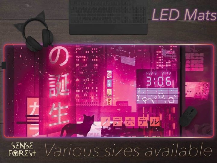 Neon Tokyo Anime desk mat RGB, Red LED gaming mousepad Changing lights ...