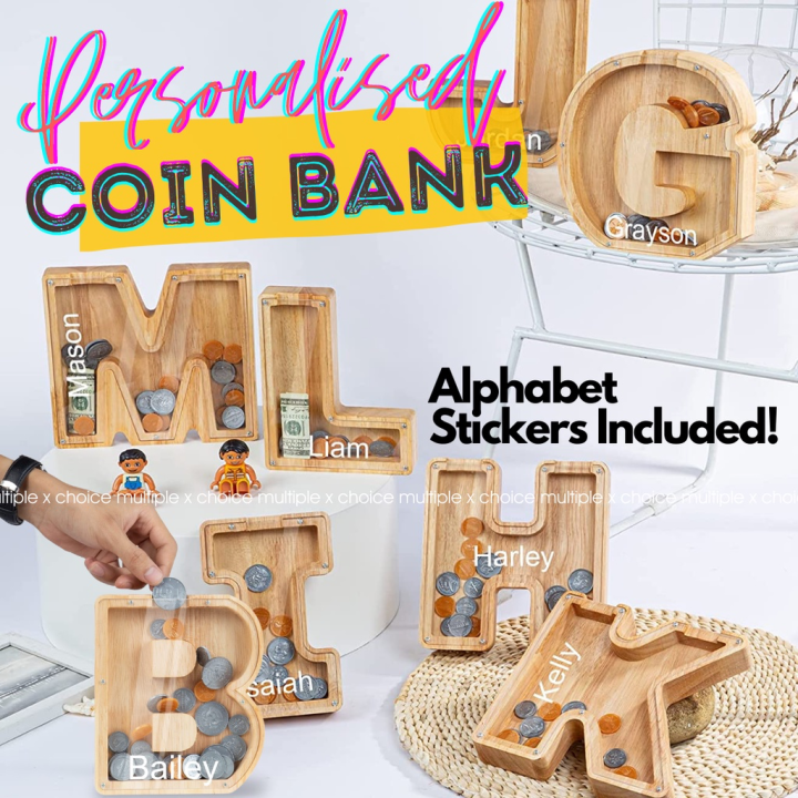 Customised Personalised Letter Alphabet Saving Coin Piggy Bank Wooden ...