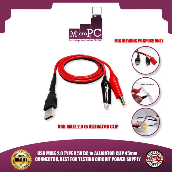 MICRO PC USB MALE 2.0 TYPE A 5V DC to ALLIGATOR CLIP 45mm CONNECTOR ...