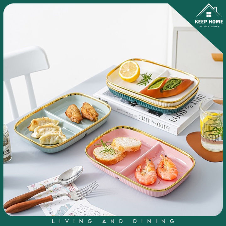 KeepHome 9 inches Ceramic Gold Rim Dumpling Plate Two Compartment Plate ...
