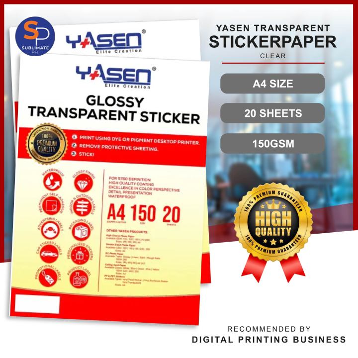 Yasen Transparent Sticker Paper Clear 20 Sheets A4 Size 150GSM for ...