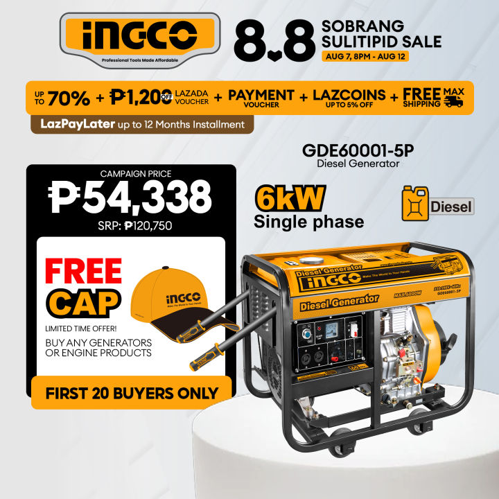 Ingco Diesel Generator Backup Power 15L 6KVA / 6000W GDE60001-5P IPT ...