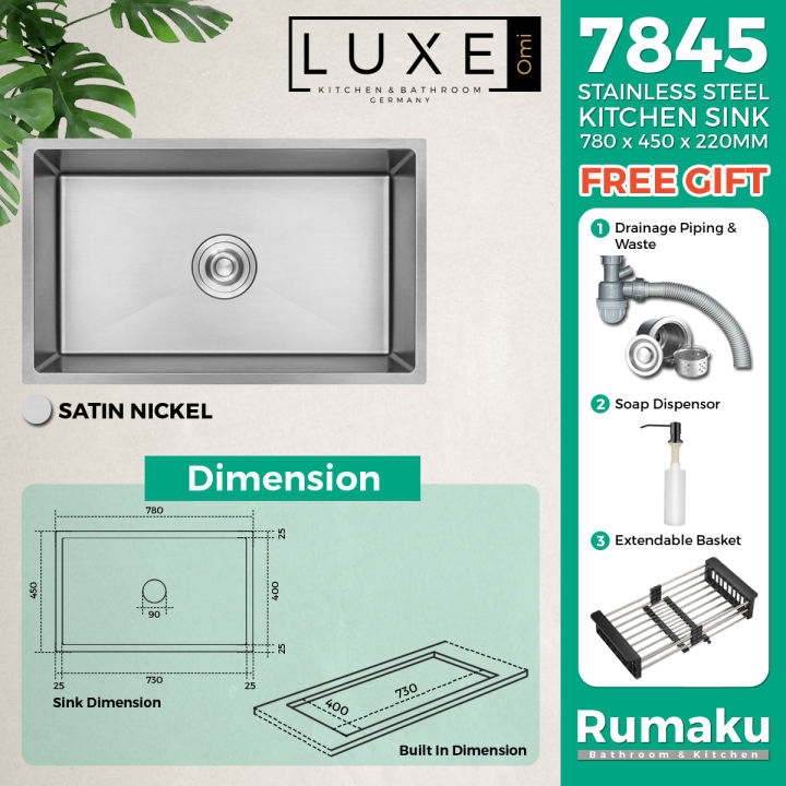LUXE SUS 304 Stainless Steel Home Kitchen Sink Sinki Dapur Nano LX-7845 ...