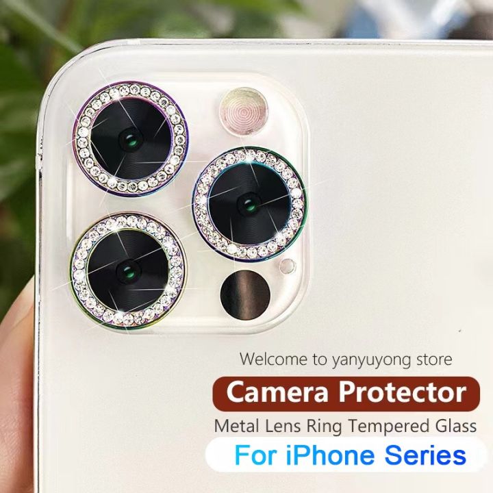 For iPhone 11 12 13 14 15 16 Pro Max Glitter Diamond Metal Camera Lens ...