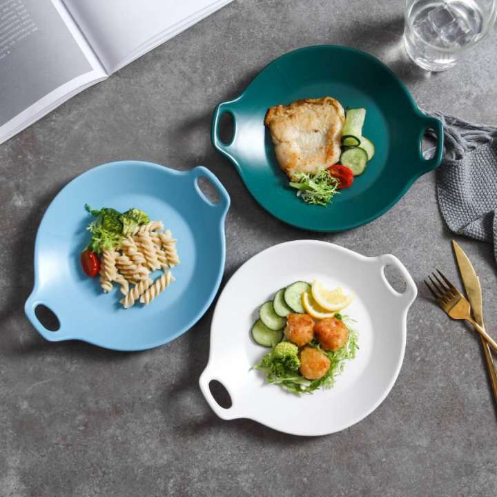 Ready Stock simple ceramic plate,double ear round plate,cake dessert ...