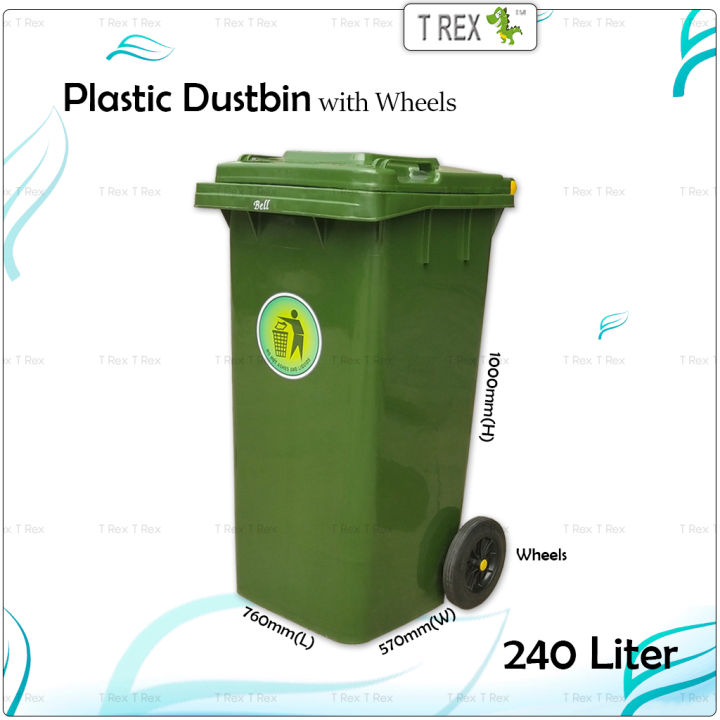 240L Plastic Dustbin / Rubbish Bin / Garbage Bins with Wheels (Green ...