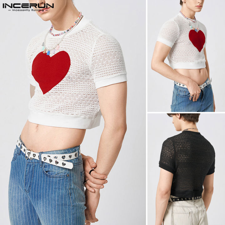 Beehoo INCERUN เสื้อผู้ชายแขนสั้นลูกไม้ถักเสื้อคร็อปพิมพ์ลายเสื้อยืดผ้า ...