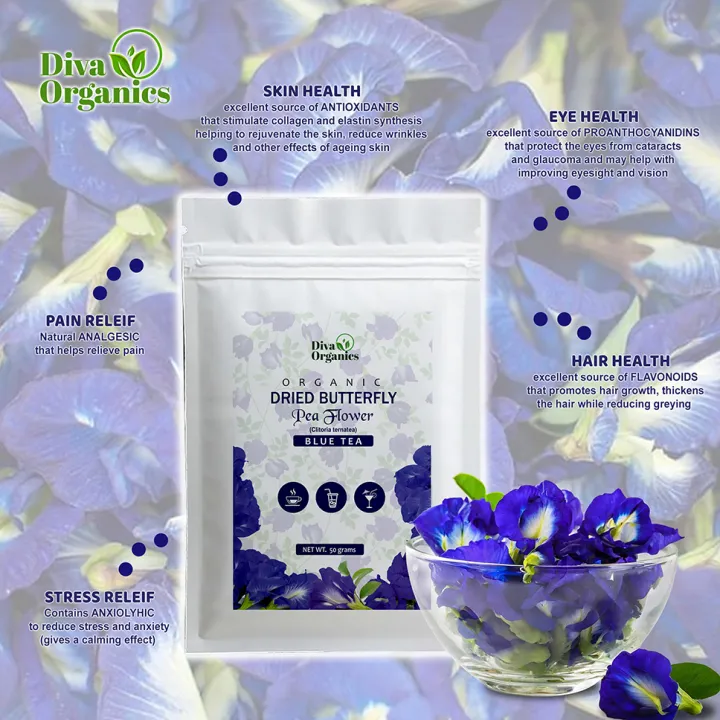 DIVA ORGANICS Dried Butterfly Pea Flower (Clitoria Ternatea) BLUE TEA ...