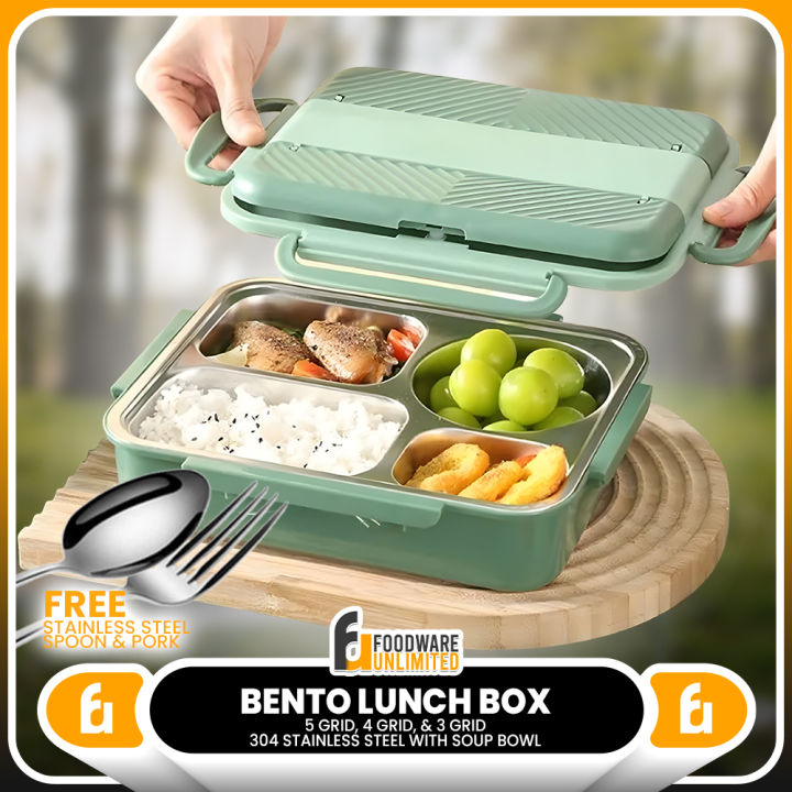 Stainless Steel Bento Lunch Box With Spoon Fork & Soup Bowl Dividers ...