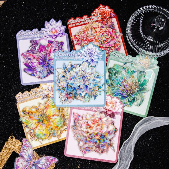 10 Pcs Vintage Laser Gold Ice Crystal Butterfly Flower Stickers Pack ...
