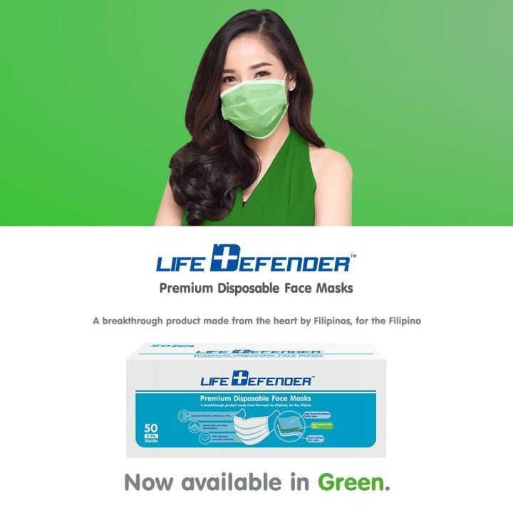 LIFE DEFENDER PREMIUM DISPOSABLE FACE MASKS 3 PLY (50 pcs) - GREEN ...