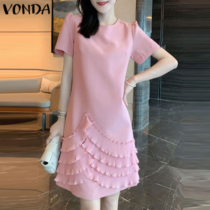 VONDA Womens Elegant Ruffle Prom Short Sleeve Crew Neck Plain Dresses ...
