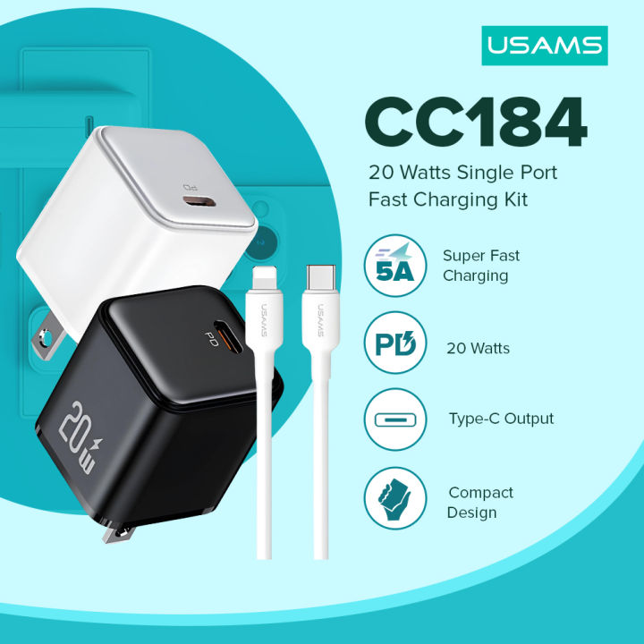 USAMS CC184 PD20W Type-C Fast Charger PD3.0 QC4.0 2 Pin US/CN Plug USB-C Portable Quick Charger ...