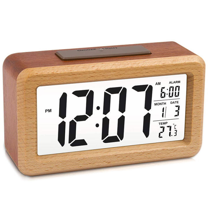 Wooden Large LED Digital Alarm Clock, Smart Sensor Night Light with ...