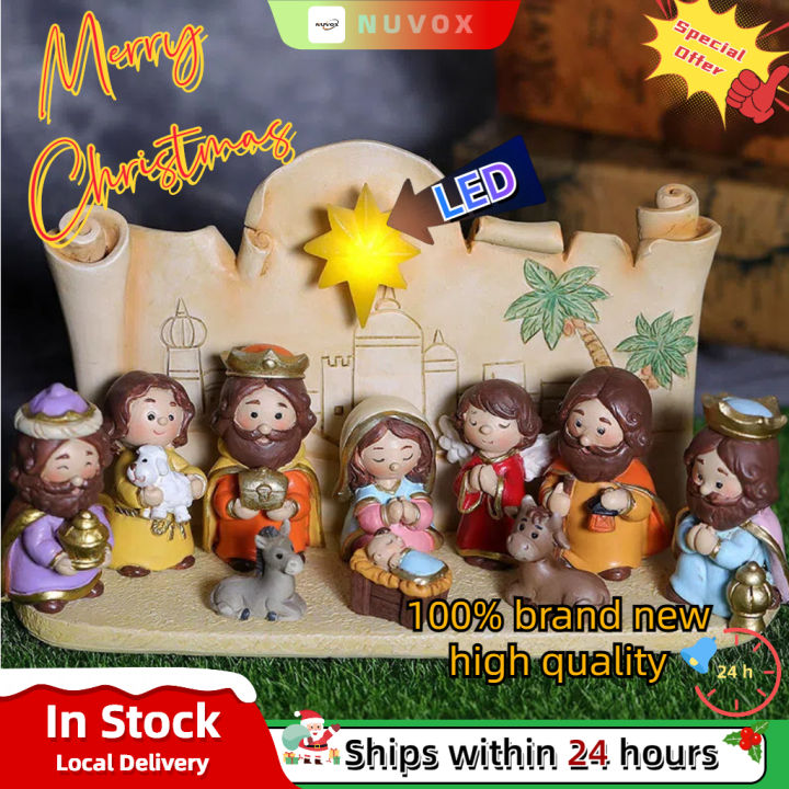NUVOX Christmas Belen 11 Pieces Set + Base w/ LED Light Resin Artifacts ...
