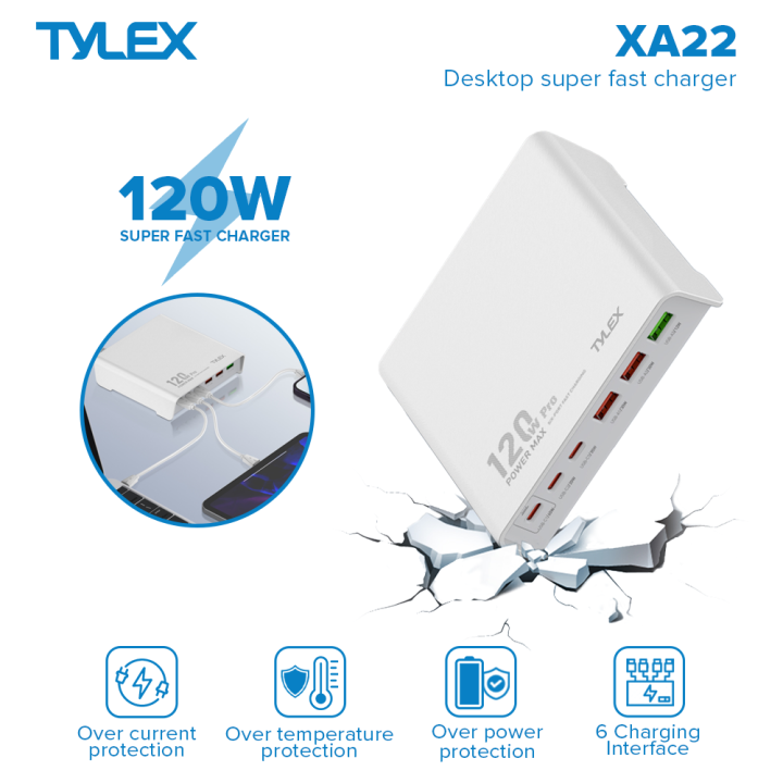 TYLEX XA22 PD 120W Super Fast Charger 3 USB-C + 3 USB-A Ports Adapter ...