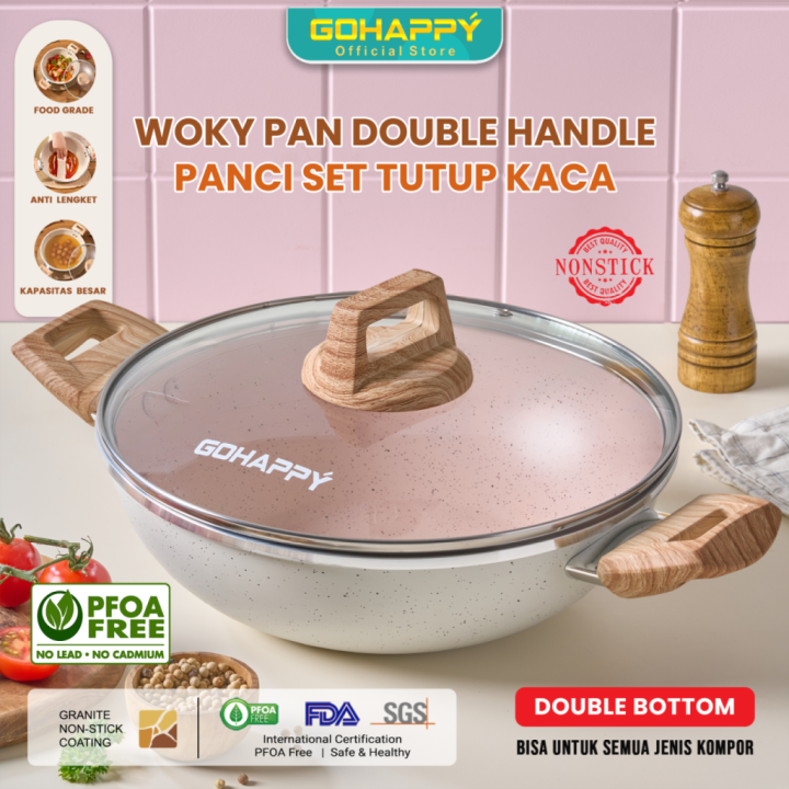 Gohappy woky 24cm wajan wok pan whitepink granit kuali INDUCTION BOTTOM ...