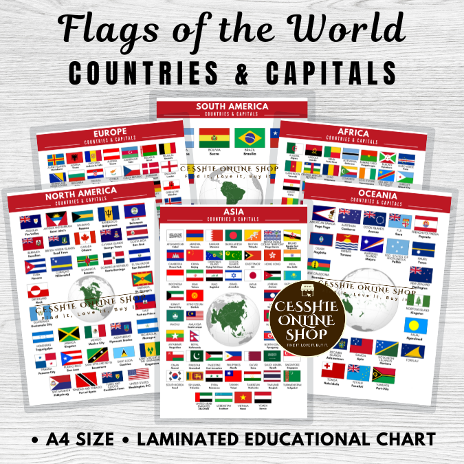 FLAGS OF THE WORLD CHART (COUNTRIES AND CAPITALS) | A4 SIZE LAMINATED ...