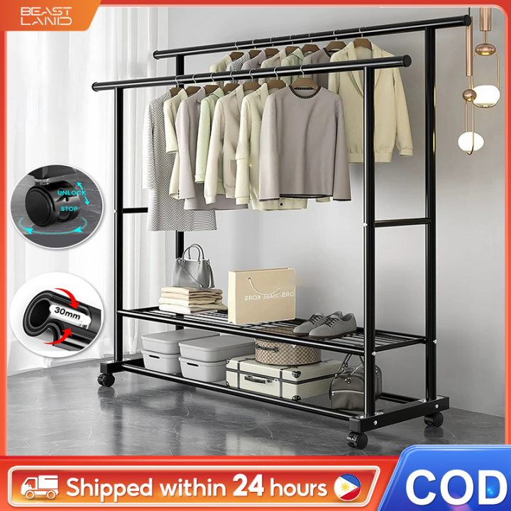 Double Pole Clothes Rack with Wheels Clothes Hanging Rack Metal ...
