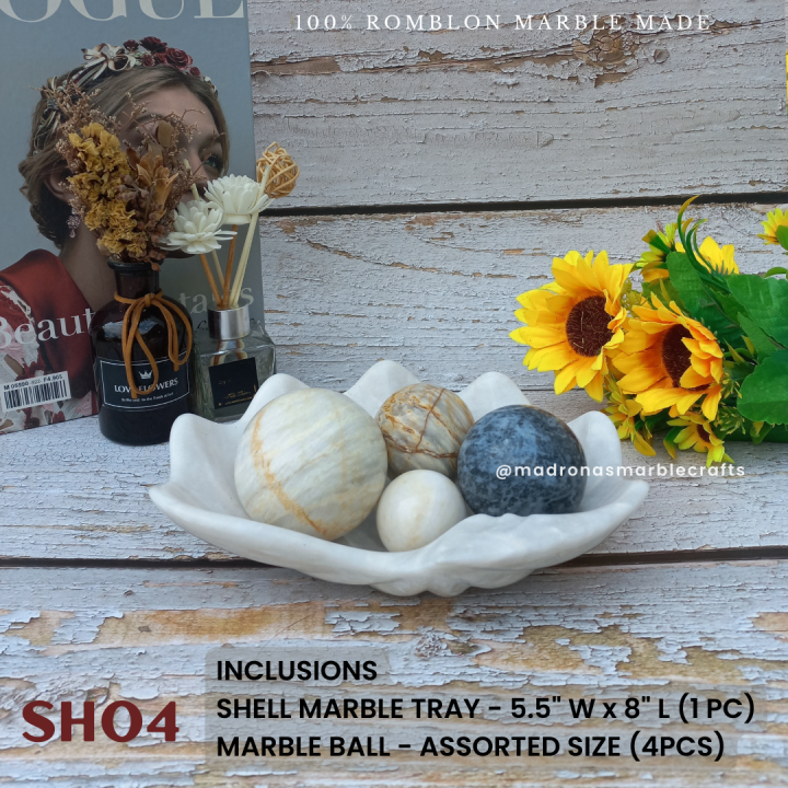 AUTHENTIC STONE MARBLE SHELL DESIGN PLATE WITH MARBLE EGG OR BALL LUCKY ...