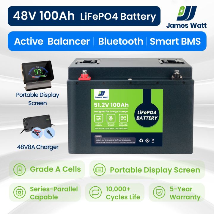 James Watt 48V 100Ah LiFePO4 Battery Active Balancer- 5120Wh, Smart BMS ...