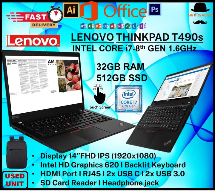 LENOVO THINKPAD T490s i7-8th GEN Laptop 32GB RAM 512GB SSD 14"inch FHD ...