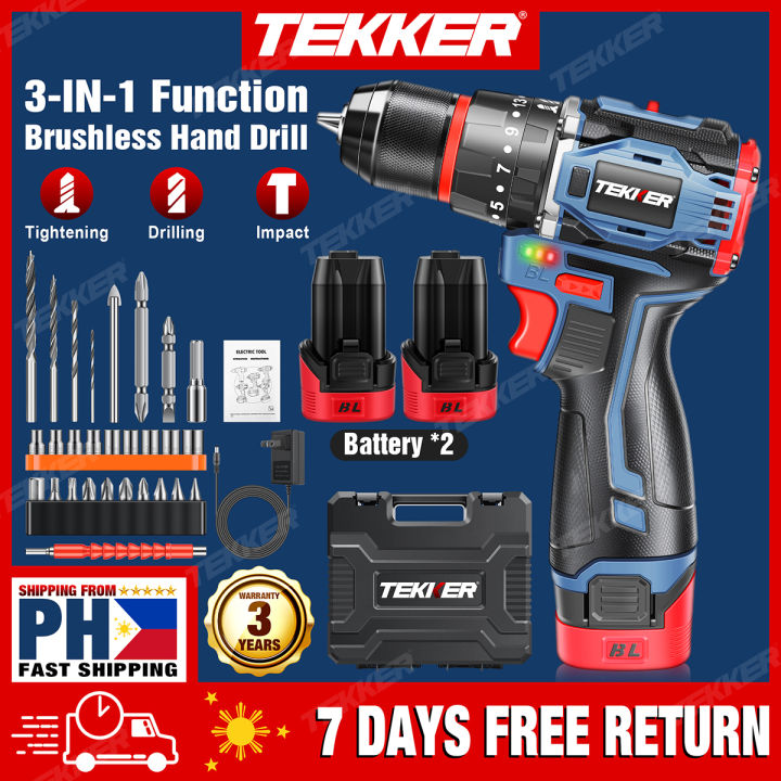 TEKKER 16.8V Brushless Cordless Electric Drill Heavy Duty Hand Drill Impact Hammer Screwdriver 3 ...