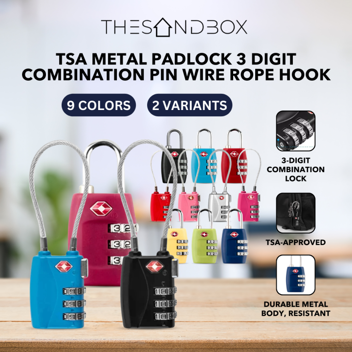 TSA Metal Padlock 3 Digit Combination Pin, Wire Rope, Hook, Anti-theft ...
