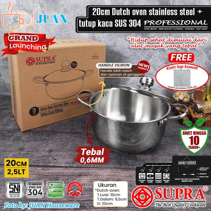SUPRA panci Dutch Oven tutup kaca Handle viliron 20cm stainless steel ...