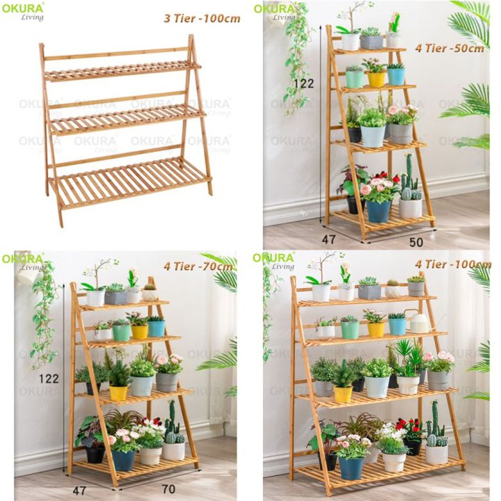 OKURA 2 / 3 / 4 Tier Bamboo Flower Garden Rack Rak Pasu Bunga Indoor ...