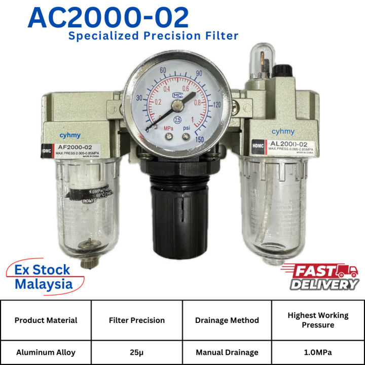 AC2000-02 1/4" Pneumatic Air Pressure Filter Regulator Lubricator (FRL ...