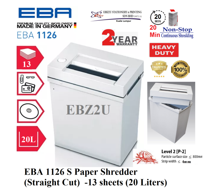 EBA 1126 S Paper Shredder (Straight Cut) 4mm - 13 sheets (20 Liters) 20 ...