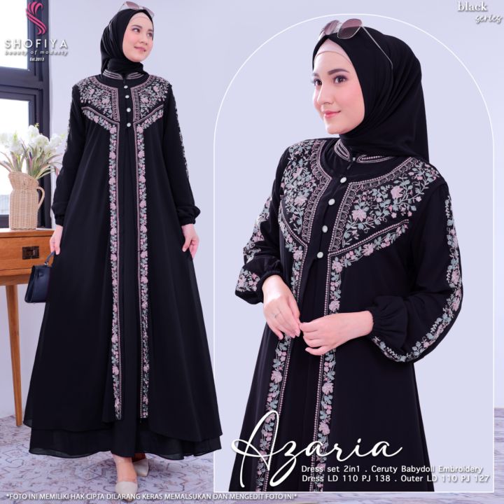 New Azaria Long Dress Putih Hitam Wanita Pesta Kondangan Bordir Gamis ...