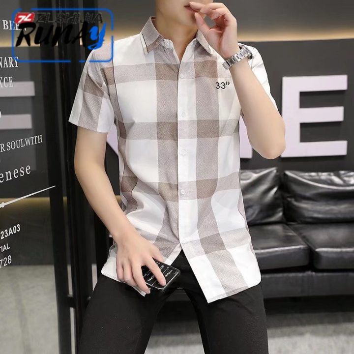 RUNAY เสื้อแขนสั้นผู้ชาย,เสื้อเชิ้ตลายสก๊อตลำลองใหม่ฤดูร้อนแบรนด์แฟชั่น ...