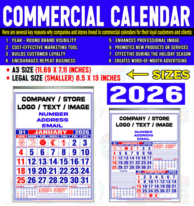 COMMERCIAL CALENDAR 2026 A3-12PAGES ( 30pcs) | Lazada PH